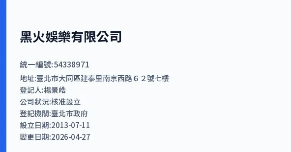 黑火娛樂有限公司的照片-統編 54338971(臺北市) 公司登記資料與營業項目詳細圖表