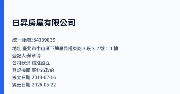 日昇房屋有限公司的照片-統編 54339839(臺北市) 公司登記資料與營業項目詳細圖表