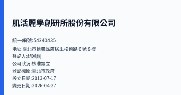 肌活麗學創研所股份有限公司的照片-統編 54340435(臺北市) 公司登記資料與營業項目詳細圖表