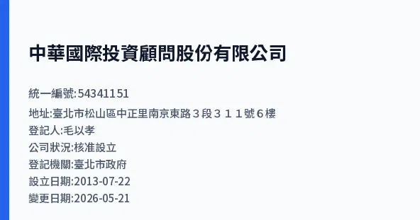 中華國際投資顧問股份有限公司的照片-統編 54341151(臺北市) 公司登記資料與營業項目詳細圖表
