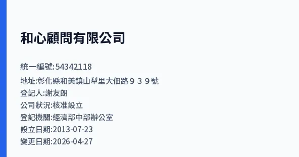 和心顧問有限公司的照片-統編 54342118(彰化縣) 公司登記資料與營業項目詳細圖表