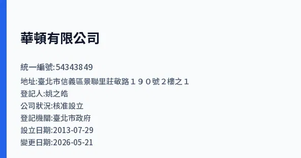 華頓有限公司的照片-統編 54343849(臺北市) 公司登記資料與營業項目詳細圖表