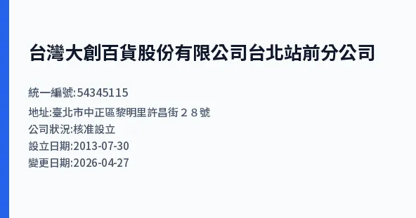 台灣大創百貨股份有限公司台北站前分公司的照片-統編 54345115(臺北市) 公司登記資料與營業項目詳細圖表