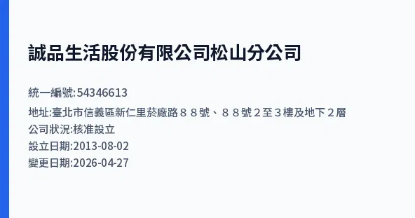 誠品生活股份有限公司松山分公司的照片-統編 54346613(臺北市) 公司登記資料與營業項目詳細圖表