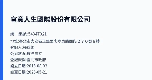 寫意人生國際股份有限公司的照片-統編 54347021(臺北市) 公司登記資料與營業項目詳細圖表