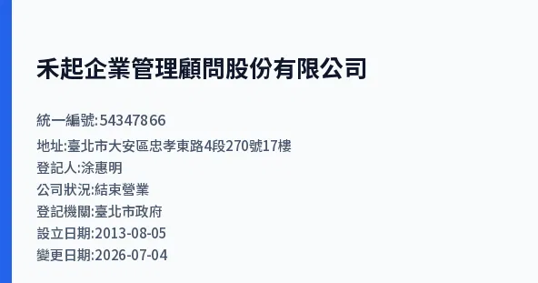 禾起企業管理顧問股份有限公司的照片-統編 54347866(臺北市) 公司登記資料與營業項目詳細圖表