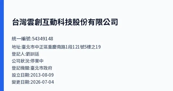 台灣雲創互動科技股份有限公司的照片-統編 54349148(臺北市) 公司登記資料與營業項目詳細圖表