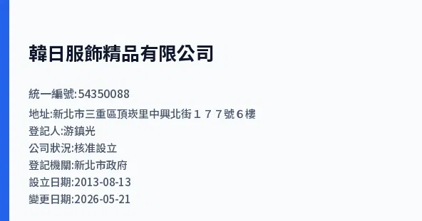 韓日服飾精品有限公司的照片-統編 54350088(新北市) 公司登記資料與營業項目詳細圖表