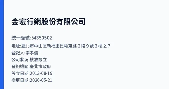 金宏行銷股份有限公司的照片-統編 54350502(臺北市) 公司登記資料與營業項目詳細圖表