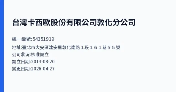 台灣卡西歐股份有限公司敦化分公司的照片-統編 54351919(臺北市) 公司登記資料與營業項目詳細圖表