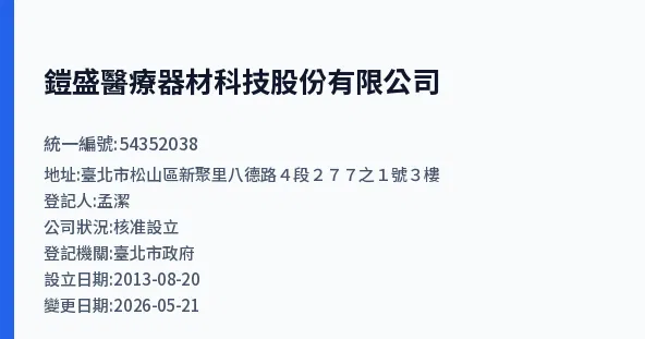 鎧盛醫療器材科技股份有限公司的照片-統編 54352038(臺北市) 公司登記資料與營業項目詳細圖表