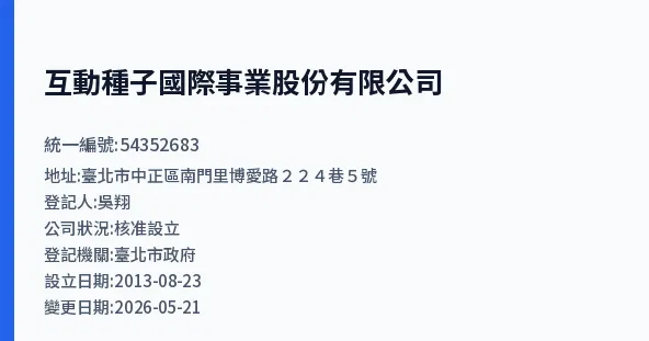 互動種子國際事業股份有限公司的照片-統編 54352683(臺北市) 公司登記資料與營業項目詳細圖表