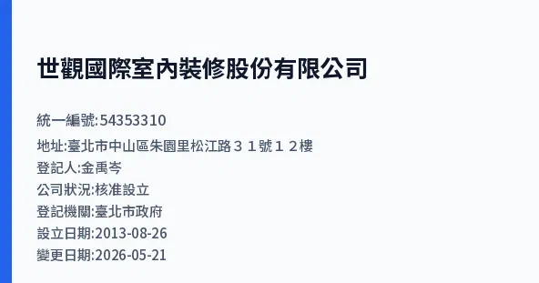 世觀國際室內裝修股份有限公司的照片-統編 54353310(臺北市) 公司登記資料與營業項目詳細圖表