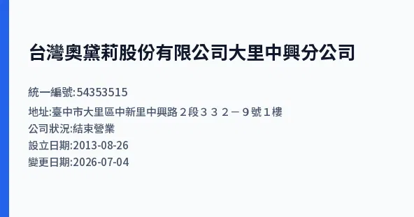 台灣奧黛莉股份有限公司大里中興分公司的照片-統編 54353515(臺中市) 公司登記資料與營業項目詳細圖表