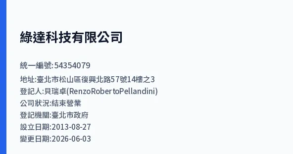 綠達科技有限公司的照片-統編 54354079(臺北市) 公司登記資料與營業項目詳細圖表