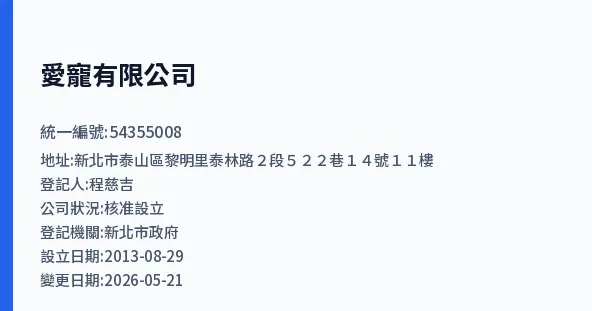 愛寵有限公司的照片-統編 54355008(新北市) 公司登記資料與營業項目詳細圖表