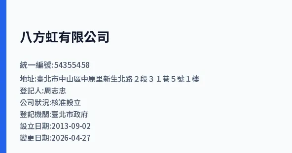 八方虹有限公司的照片-統編 54355458(臺北市) 公司登記資料與營業項目詳細圖表