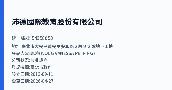 沛德國際教育股份有限公司的照片-統編 54358053(臺北市) 公司登記資料與營業項目詳細圖表