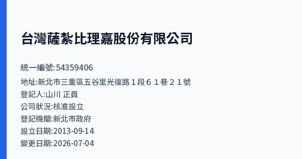 台灣薩紮比理嘉股份有限公司的照片-統編 54359406(新北市) 公司登記資料與營業項目詳細圖表