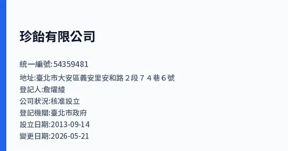 珍飴有限公司的照片-統編 54359481(臺北市) 公司登記資料與營業項目詳細圖表