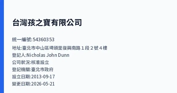 台灣孩之寶有限公司的照片-統編 54360353(臺北市) 公司登記資料與營業項目詳細圖表