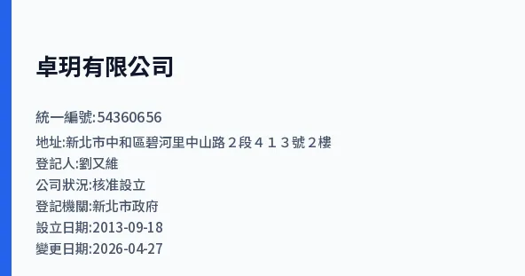 卓玥有限公司的照片-統編 54360656(新北市) 公司登記資料與營業項目詳細圖表