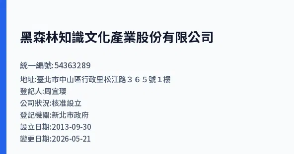黑森林知識文化產業股份有限公司的照片-統編 54363289(臺北市) 公司登記資料與營業項目詳細圖表