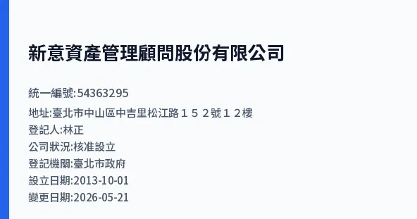 新意資產管理顧問股份有限公司的照片-統編 54363295(臺北市) 公司登記資料與營業項目詳細圖表