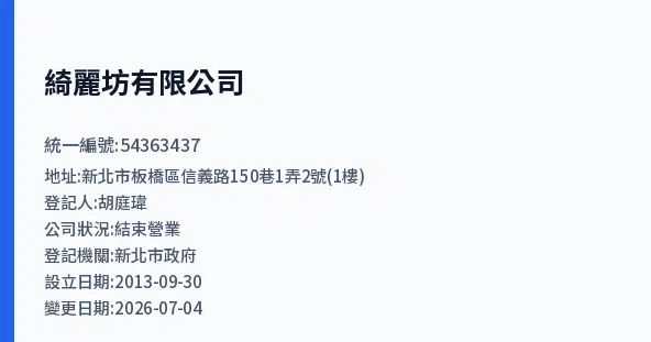 綺麗坊有限公司的照片-統編 54363437(新北市) 公司登記資料與營業項目詳細圖表