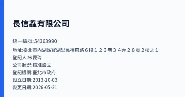 長信鑫有限公司的照片-統編 54363990(臺北市) 公司登記資料與營業項目詳細圖表