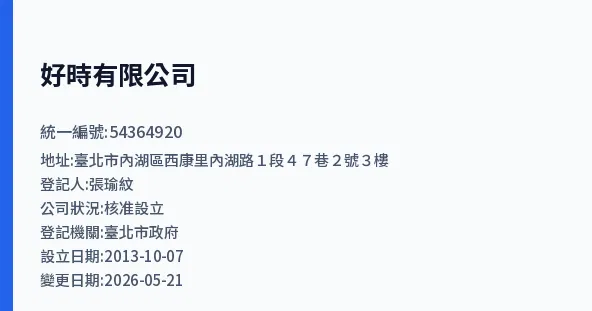 好時有限公司的照片-統編 54364920(臺北市) 公司登記資料與營業項目詳細圖表