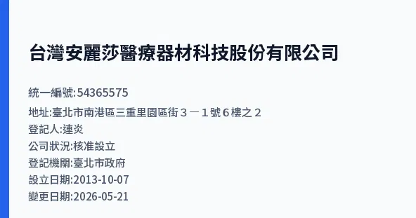 台灣安麗莎醫療器材科技股份有限公司的照片-統編 54365575(臺北市) 公司登記資料與營業項目詳細圖表