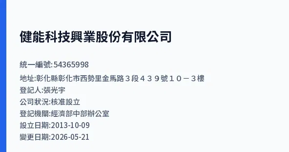 健能科技興業股份有限公司的照片-統編 54365998(彰化縣) 公司登記資料與營業項目詳細圖表