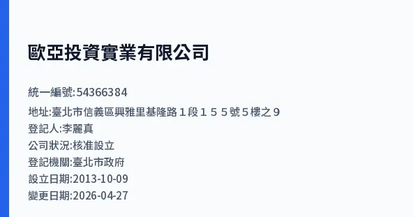 歐亞投資實業有限公司的照片-統編 54366384(臺北市) 公司登記資料與營業項目詳細圖表