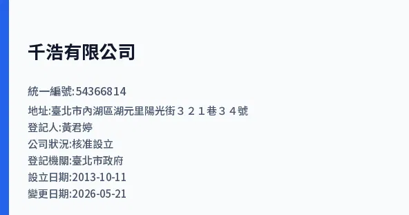 千浩有限公司的照片-統編 54366814(臺北市) 公司登記資料與營業項目詳細圖表