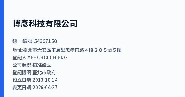 博彥科技有限公司的照片-統編 54367150(臺北市) 公司登記資料與營業項目詳細圖表