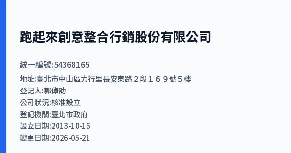 跑起來創意整合行銷股份有限公司的照片-統編 54368165(臺北市) 公司登記資料與營業項目詳細圖表