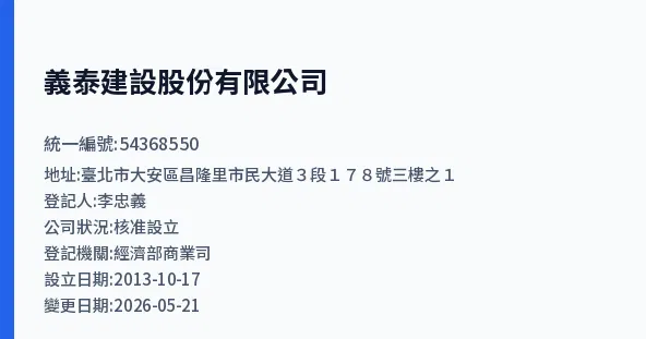 義泰建設股份有限公司的照片-統編 54368550(臺北市) 公司登記資料與營業項目詳細圖表