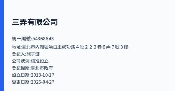 三弄有限公司的照片-統編 54368643(臺北市) 公司登記資料與營業項目詳細圖表