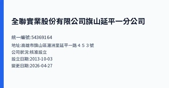 全聯實業股份有限公司旗山延平一分公司的照片-統編 54369164(高雄市) 公司登記資料與營業項目詳細圖表