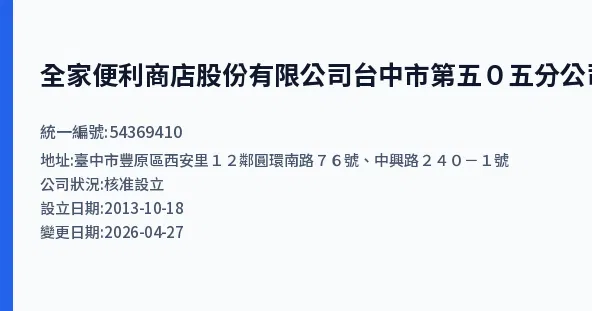 全家便利商店股份有限公司台中市第五0五分公司的照片-統編 54369410(臺中市) 公司登記資料與營業項目詳細圖表