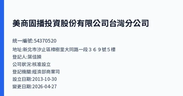 美商固播投資股份有限公司台灣分公司的照片-統編 54370520(新北市) 公司登記資料與營業項目詳細圖表