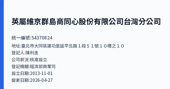 英屬維京群島商同心股份有限公司台灣分公司的照片-統編 54370824(臺北市) 公司登記資料與營業項目詳細圖表