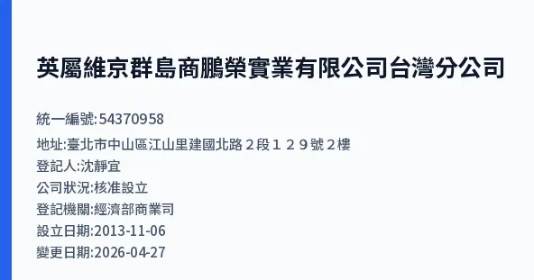 英屬維京群島商鵬榮實業有限公司台灣分公司的照片-統編 54370958(臺北市) 公司登記資料與營業項目詳細圖表