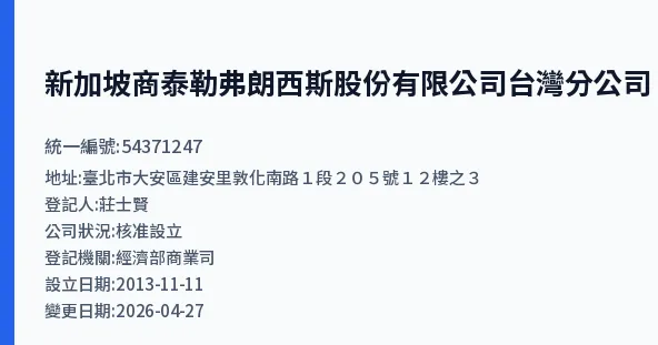 新加坡商泰勒弗朗西斯股份有限公司台灣分公司的照片-統編 54371247(臺北市) 公司登記資料與營業項目詳細圖表