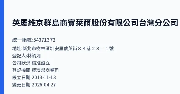 英屬維京群島商寶萊爾股份有限公司台灣分公司的照片-統編 54371372(新北市) 公司登記資料與營業項目詳細圖表