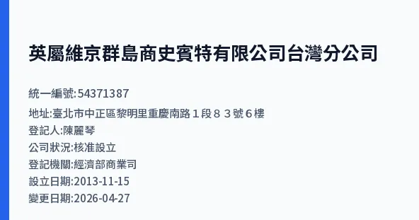 英屬維京群島商史賓特有限公司台灣分公司的照片-統編 54371387(臺北市) 公司登記資料與營業項目詳細圖表