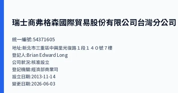瑞士商弗格森國際貿易股份有限公司台灣分公司的照片-統編 54371605(新北市) 公司登記資料與營業項目詳細圖表