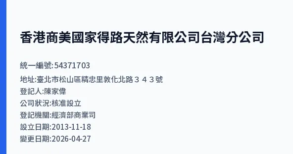 香港商美國家得路天然有限公司台灣分公司的照片-統編 54371703(臺北市) 公司登記資料與營業項目詳細圖表
