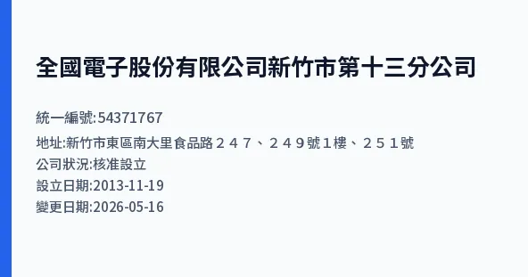 全國電子股份有限公司新竹市第十三分公司的照片-統編 54371767(新竹市) 公司登記資料與營業項目詳細圖表